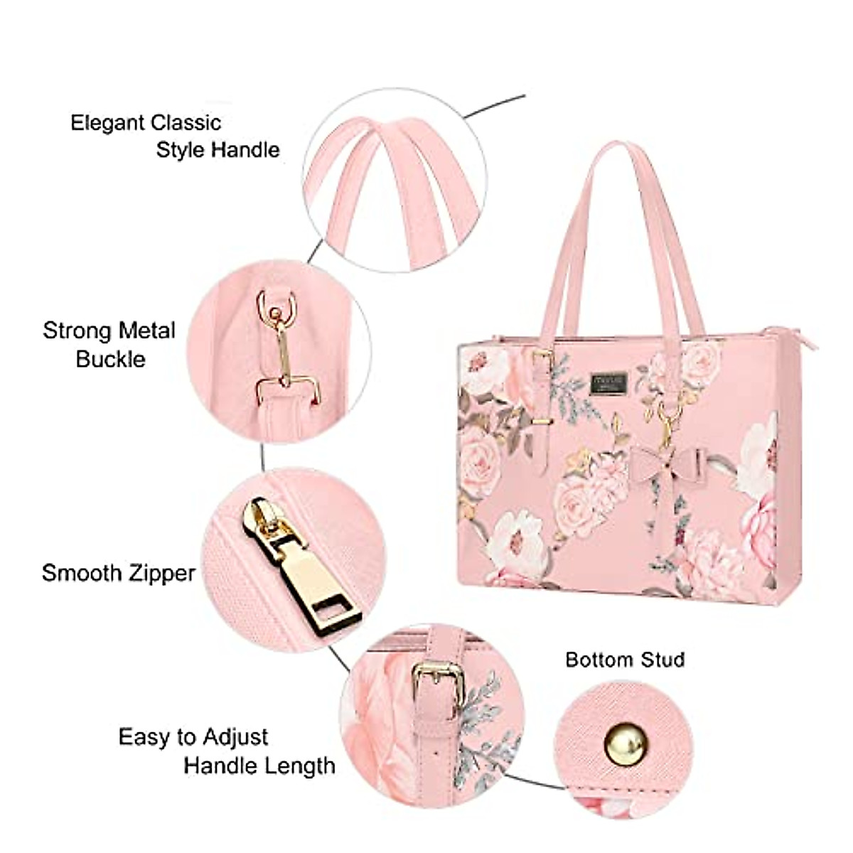 MOSISO Laptop Tote Bag Compatible with MacBook Air 15 inch M2 A2941/Pro 16 M3 M2 M1, 15-15.6 inch Notebook, Peony PU Leather Travel Work Briefcase with Detachable Bowknot & Small Purse, Pink