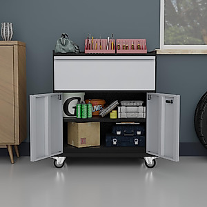 SUXXAN Metal Cabinet with Wheels/Drawers, Storage Cabinet on Wheels, Tool Cabinet with Wheels, Rolling Garage Cabinet with 2 Doors/1 Adjustable Shelves for Home/Office/Garage, Assembly Required