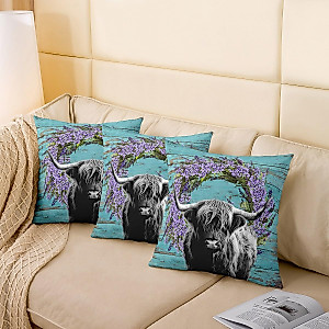 Rustic Farmhouse Wooden Board Pillow Cover Reversible Print for Bed or Sofa,Lavender Flowers Wreath Decorative Cushion Cover,Highland Cow Bull Cattle Couch Pillow Cover,Single Pack 24"x 24"