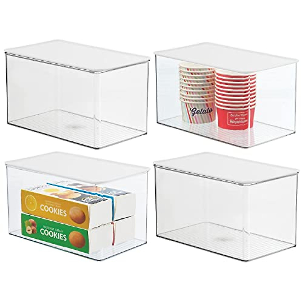 mDesign Plastic Stackable Kitchen Pantry Cabinet or Refrigerator Food Storage Container Box, Attached Hinged Lid - Organizer for Snacks, Produce, Pasta, Lumiere Collection - 4 Pack - Clear/White