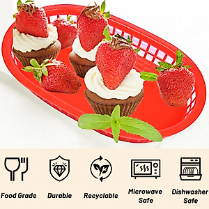 NDSWKR 40 Pack Fast Food Serving Baskets, 10.6 x 7 Inch Plastic Oval Food Baskets, Reusable Deli Baskets for Burgers, Sandwiches, Barbecues, Hot Dog, Chip, BBQ, Picnic, Party (Red)