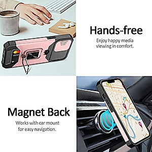 Nvollnoe iPhone 13 Case with Sliding Camera Cover, Card Holder, Heavy Duty Protective, Magnetic Kickstand - (Rose Gold)