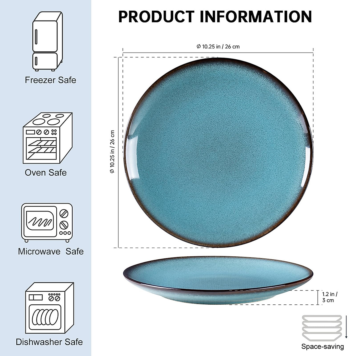 HENXFEN LEAD Dinner Plates Set of 4, Large Serving Dishes 10 Inch for Steak, Salad, Pasta - Stoneware Dinnerware Sets Dishwasher, Microwave, Oven Safe, Aqua