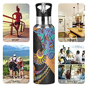 Ethnic African Woman Water Bottle with Straw Lid Leakproof Kids Insulated Stainless Steel Water Flask Thermos Bottle for Sport Gym Outdoor 20 oz