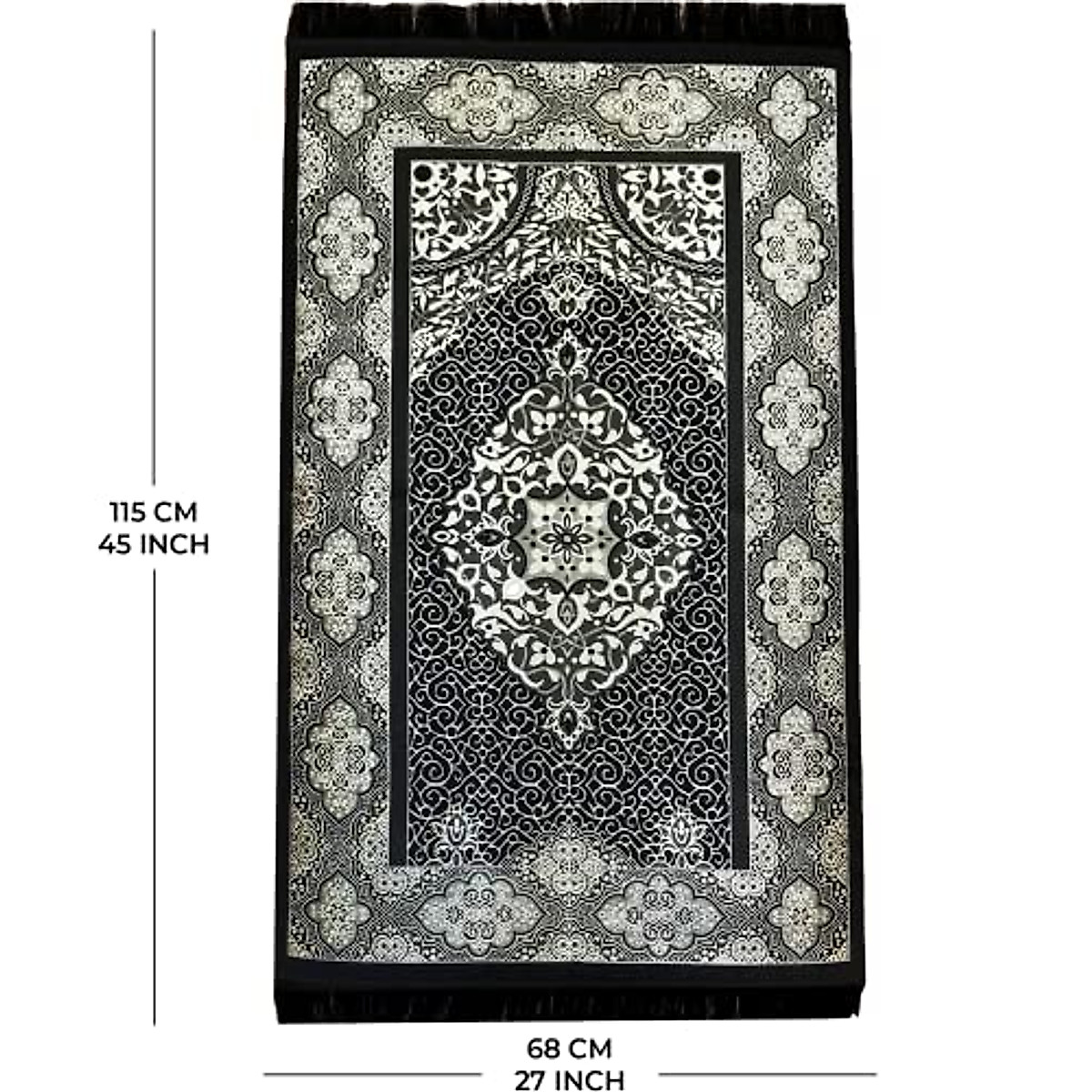 Prayeristan Muslim Prayer Rug - Prayer Mat with Gift Prayer Beads & Special Kaaba Box - Islamic Rugs for Men and Women - Portable & Travel Prayer Mat - Ramadan & Islamic Gifts (Black-Gold)