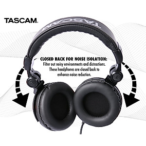 Tascam TH-03 Studio Headphones – Closed Back, Padded, Adjustable Pro Audio Headset with Gold Tip 1/8 inch to 1/4 inch Adaptor
