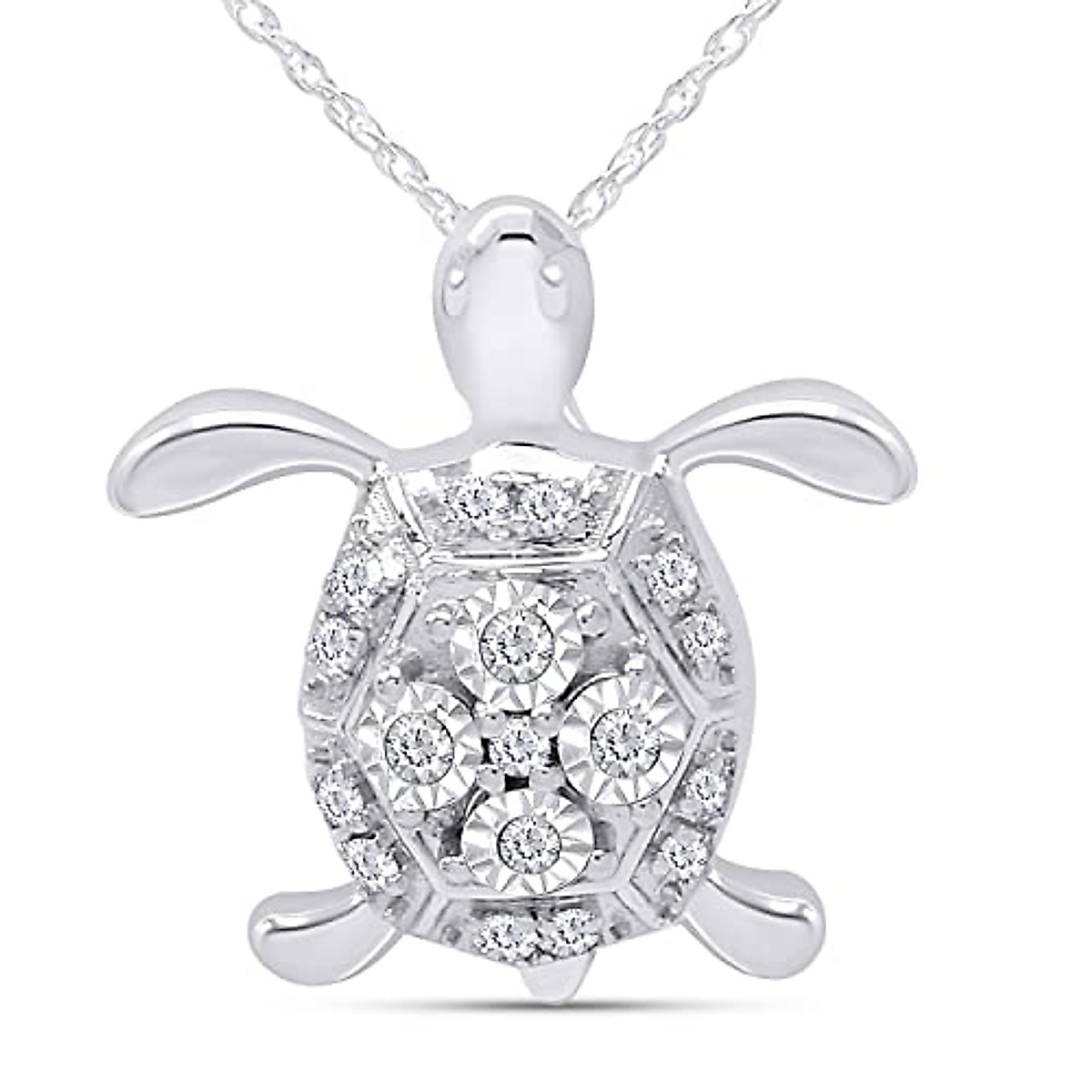 AFFY 0.13 Carat (ctw) Round White Natural Diamond Turtle Pendant Necklace in 14K Gold Over Sterling Silver (white-gold-plated-silver)