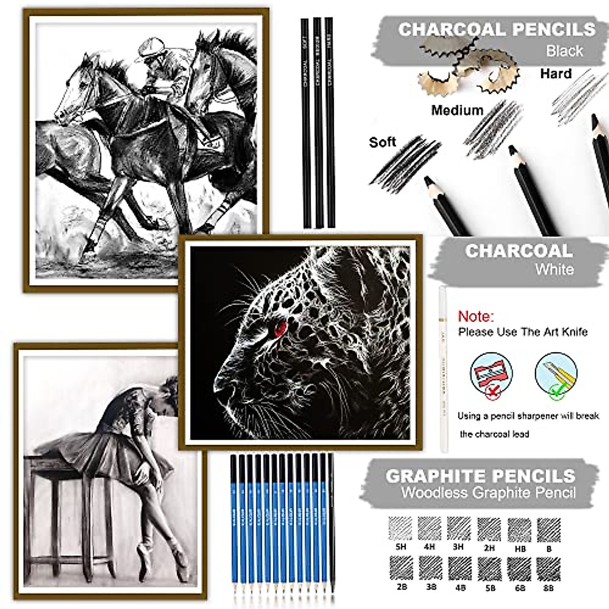 KALOUR 33 Pieces Pro Drawing Kit Sketching Pencils Set,Portable Zippered Travel Case-Charcoal Pencils, Sketch Pencils, Charcoal Stick,Sharpener,Eraser.Art Supplies for Artists Beginner Adults Teens
