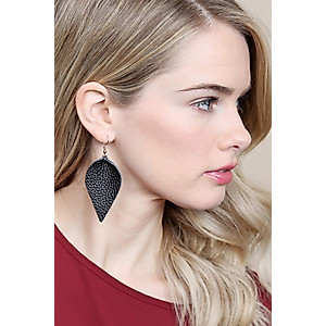 Bohemian Lightweight Genuine Real Leather Geometric Drop Statement Earrings - Petal Leaf, Triple Feather, Teardrop Dangles, Scallop Disc Hoop (Leaf - Black)