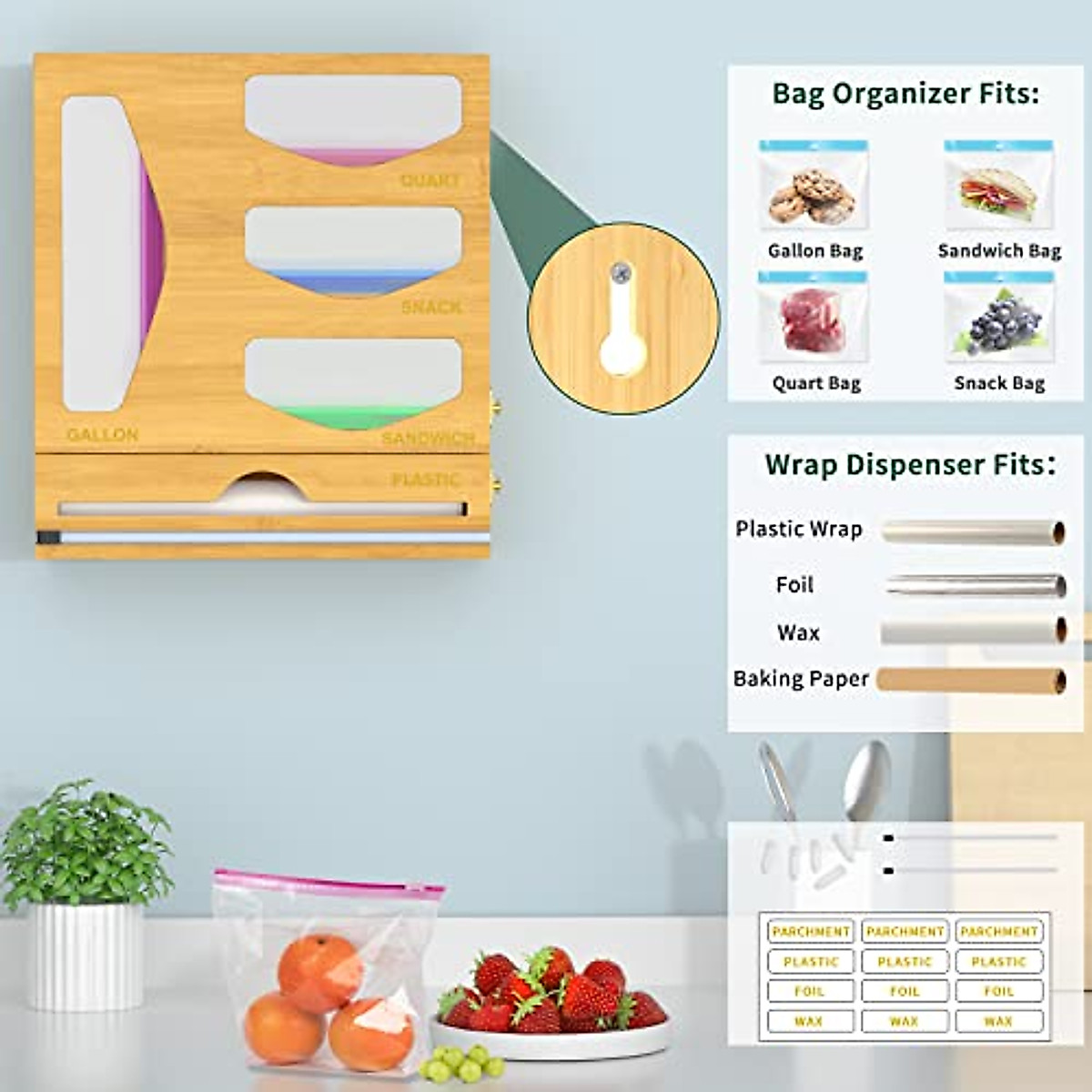 Foil and Plastic Wrap Organizer with Bag Storage Organizer, Bamboo Wrap Dispenser with cutter, Food Storage Bag Organizer for Gallon, Quart, Sandwich, Snack