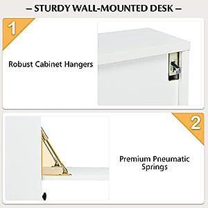 COSTWAY Wall-Mounted Computer Desk, Floating Desk with Storage Drawer & Shelves, Fold-up Desktop & Pneumatic Springs, Ideal for Home, Office, Dormitory, Small Spaces (White)