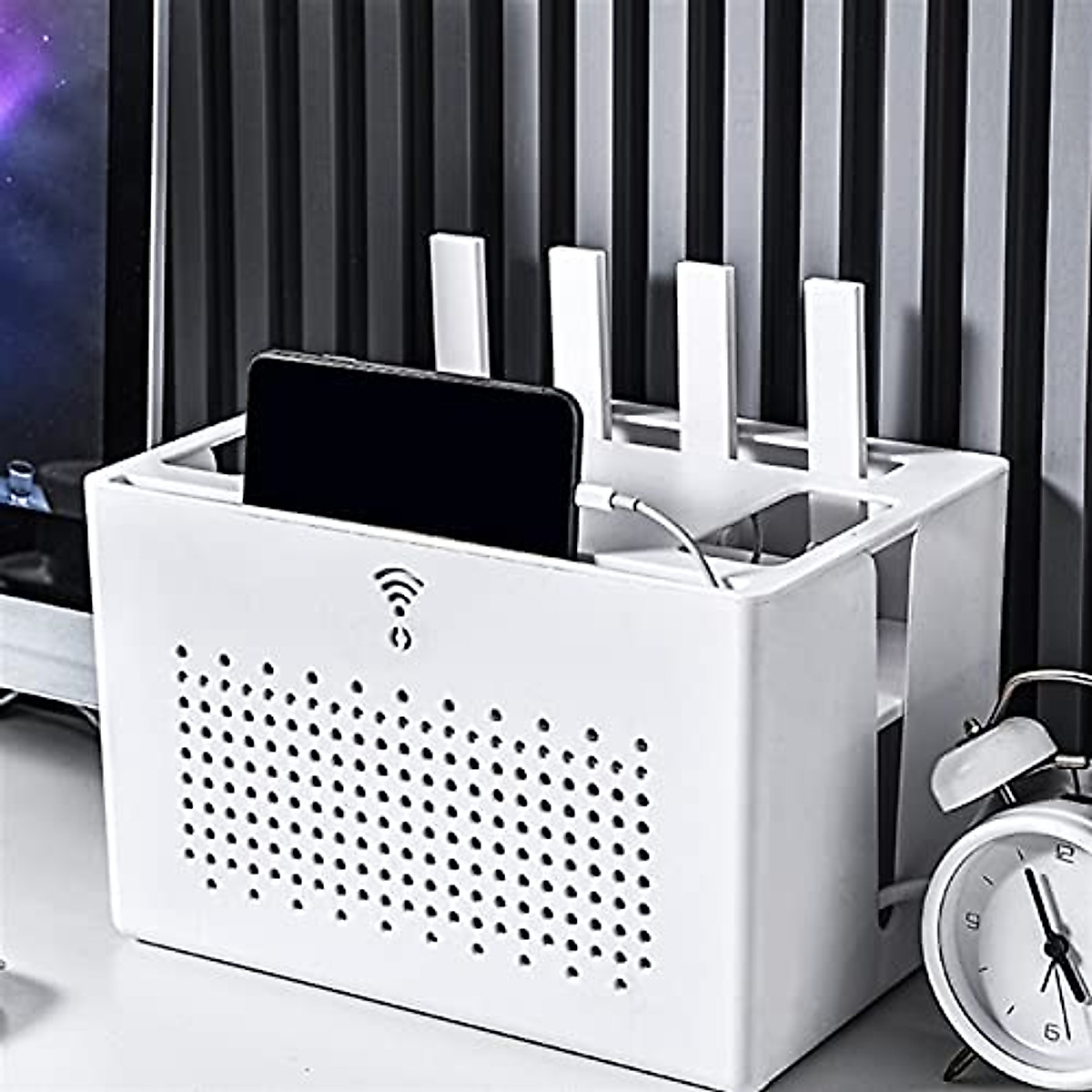 YAOLUU WiFi Storage Box Double-Layer Wireless WiFi Router Storage Box Desktop Socket Wire Organizer Box TV Set Top Rack Power Strip Hidden Set-top Box Stand (Color : GY)