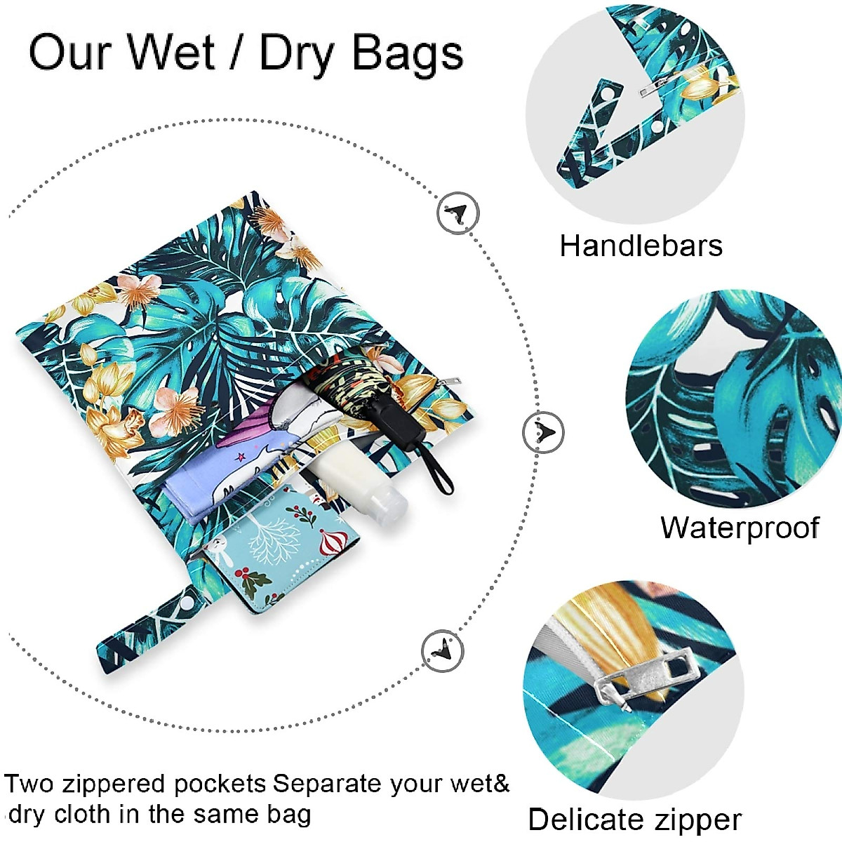 visesunny Blue Palm Leaf Flower Floral 2Pcs Wet Bag with Zippered Pockets Washable Reusable Roomy for Travel,Beach,Pool,Daycare,Stroller,Diapers,Dirty Gym Clothes, Wet Swimsuits, Toiletries