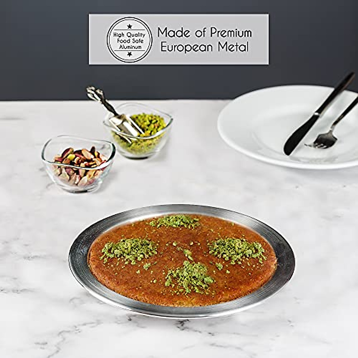 Volarium Kunefe Plate Medium, Cooking and Serving Plates for Kunafa, Kataifi, Knafeh and Shredded Phyllo Dough, Set of 3, Aluminum, Silver (Small-3PCs)