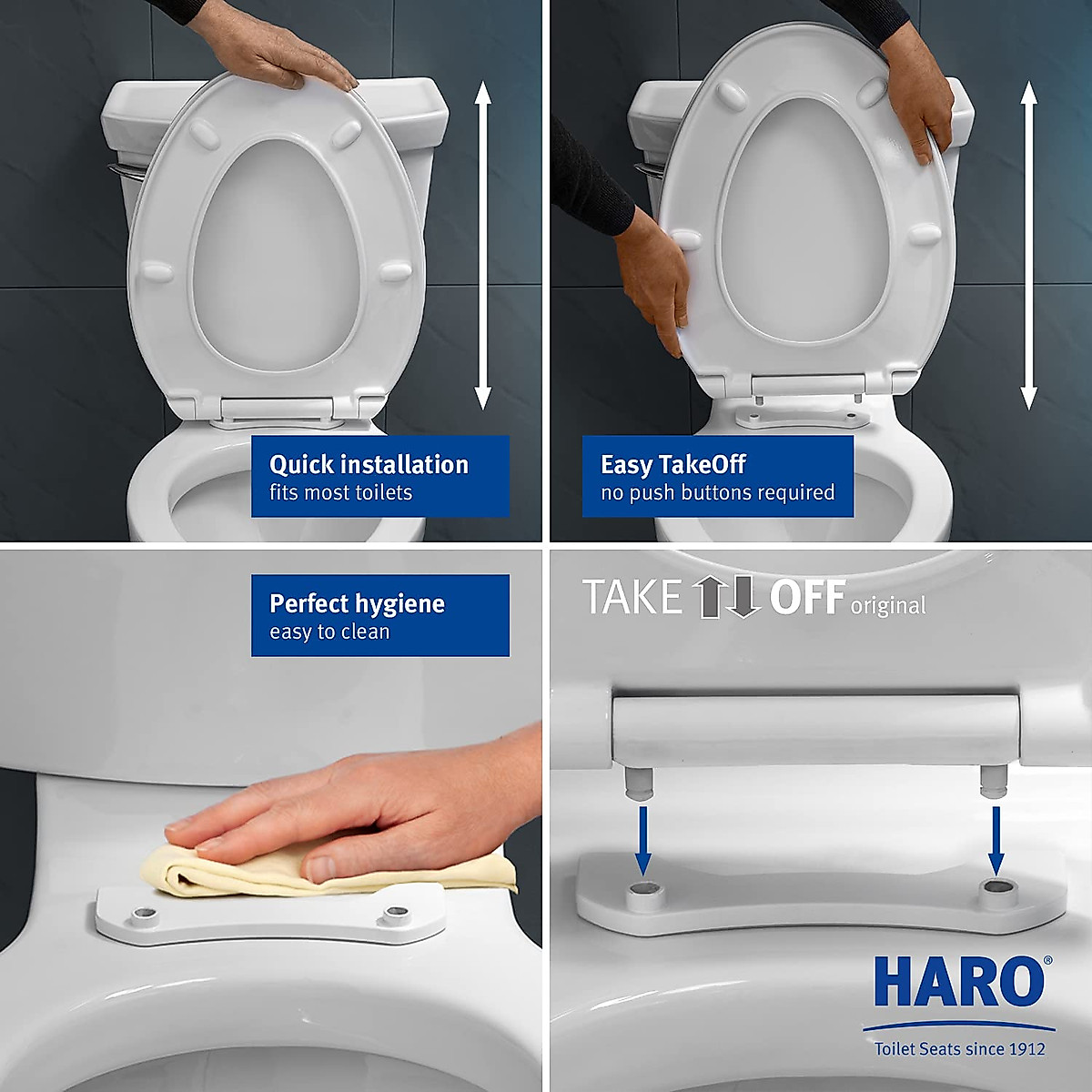 HARO | ELONGATED Toilet Seat | Slow-Close-Seat | Heavy-Duty up to 550 lbs, Quick-Release & Easy Clean, Fast-Fix-Hinge, No-Slip Bumpers | Premium-Duroplast > Scratch Resistant | 18.5" x 14.5" x 2.32"