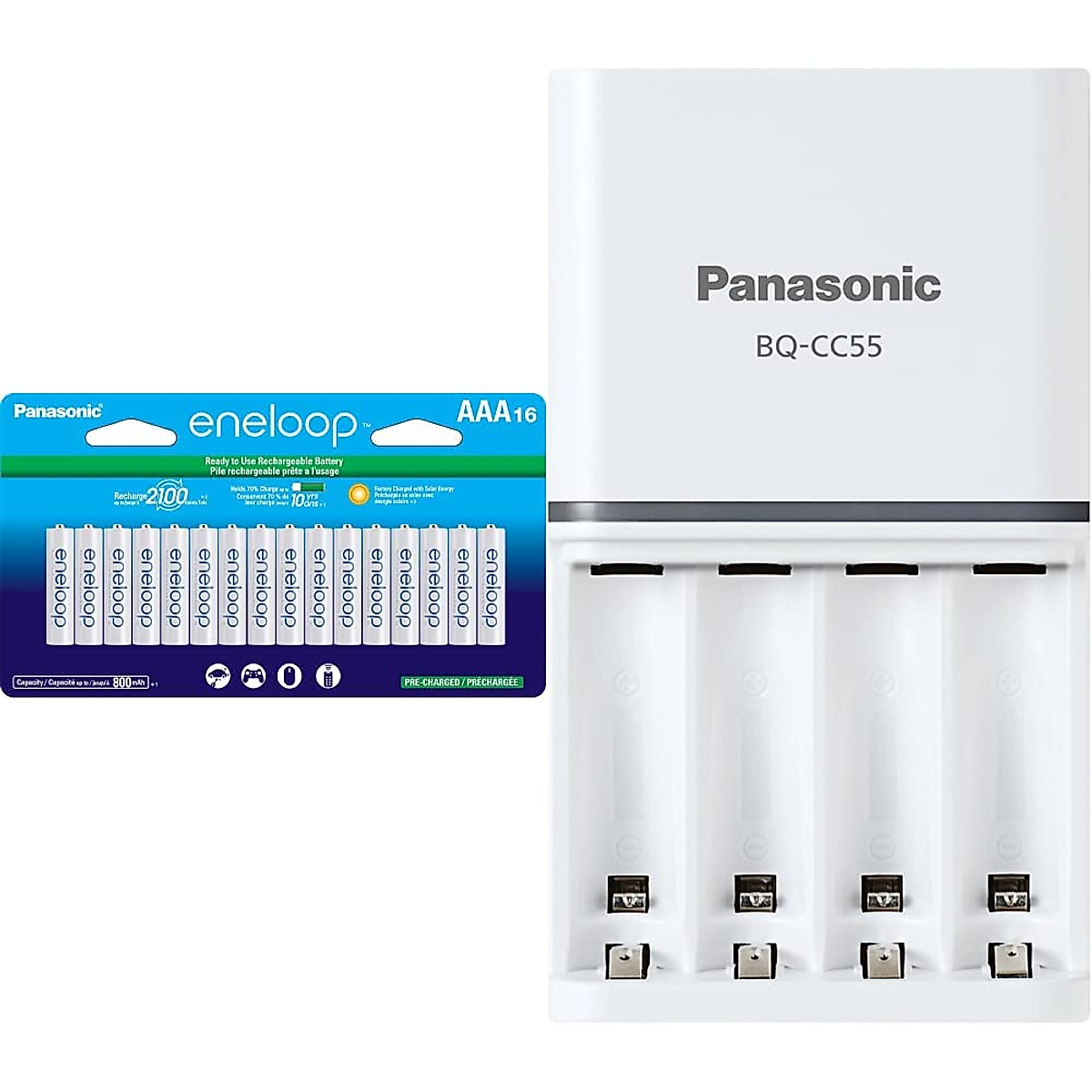 Eneloop Panasonic AAA 2100 Cycle Ni-MH Pre-Charged Rechargeable Batteries, 16 Pack & BQ-CC55SBA Advanced Individual Battery 3 Hour Quick Charger with 4 LED Charge Indicator Lights, White