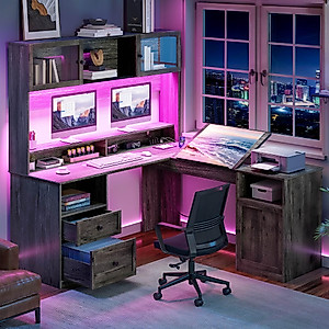 YITAHOME L Shaped Desk with Drawers & Hutch, 61" Computer Desk with Power Outlets & LED Lights, Corner Office Desk with Storage Cabinet, Drafting Table, Wood Desk, Grey