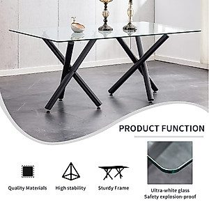 Ginxesh 71" Glass Dining Table Set,0.39" Glass Top Dinner Table with 6 Chrome Metal Legs,High Back PU Leather Padded Dining Chairs,Dining Table Set for Kitchen or Living Room Use (6 Sets, Black+Grey)