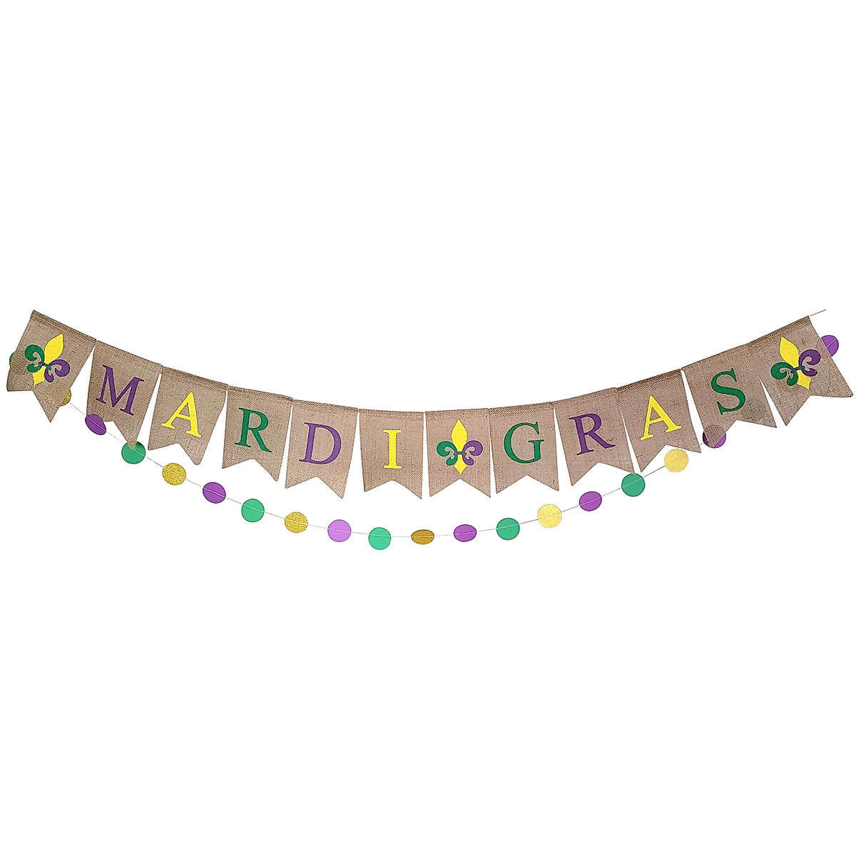 Mardi Gras Garland Burlap Banner - Fleur de Lis Mardi Gras Decorations - Mardi Gras Glitter Circle Dot Garland - Mardi Gras Party Decorations - Ready to Hang Mardi Gras Decor by Jolly Jon