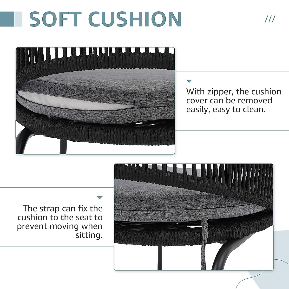 COBANA 3 Piece Patio Bistro Set, Outdoor Woven Rope Conversation Balcony Furniture Set with Wood Coffee Table and Cushioned Chairs for Garden, Backyard, Deck, Poolside, Black