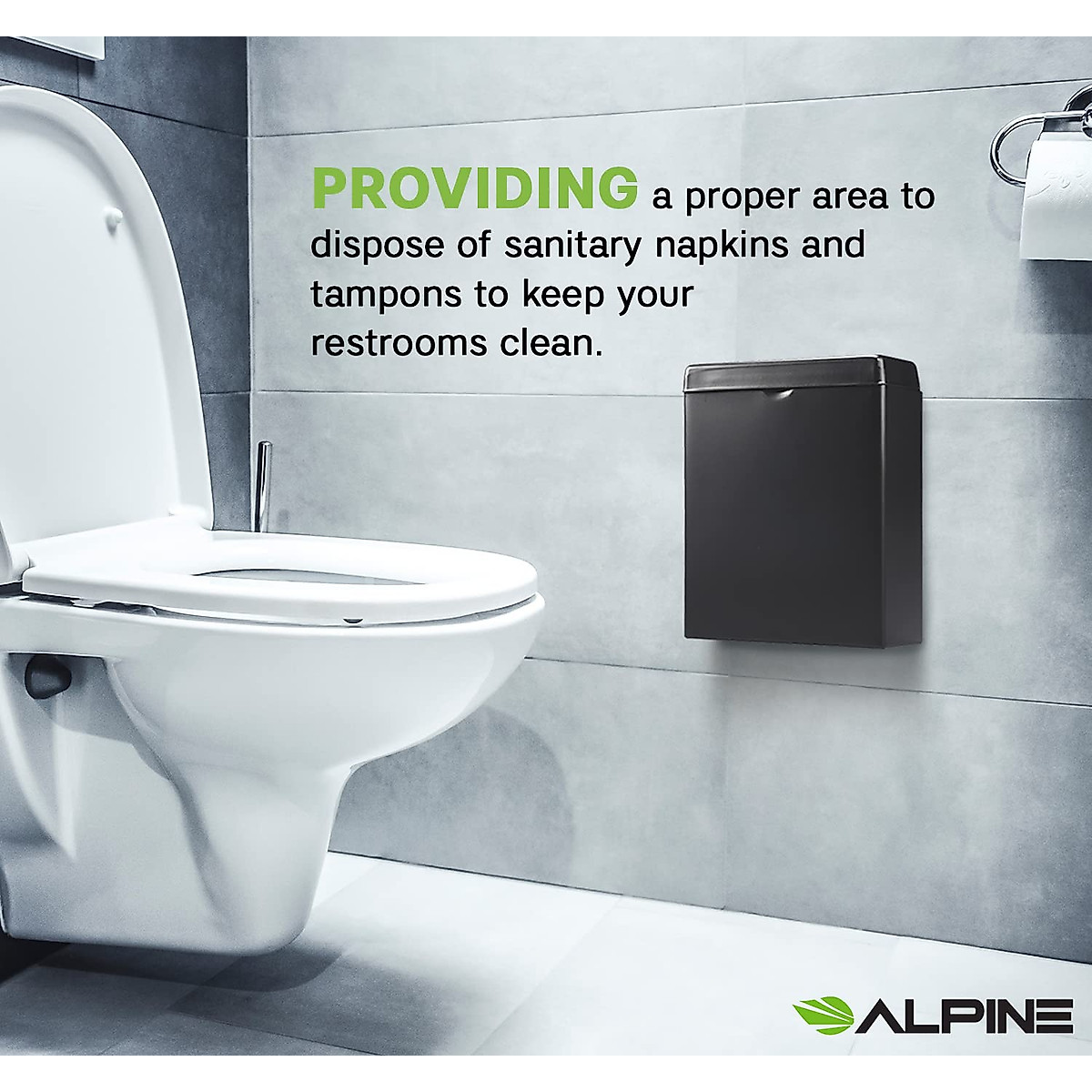 Alpine Sanitary Napkin Receptacle – Wall Mounted Tampon Holder for Bathroom Provides Clean & Odor-Free Restroom for Home, Office & Public Restrooms (Black)
