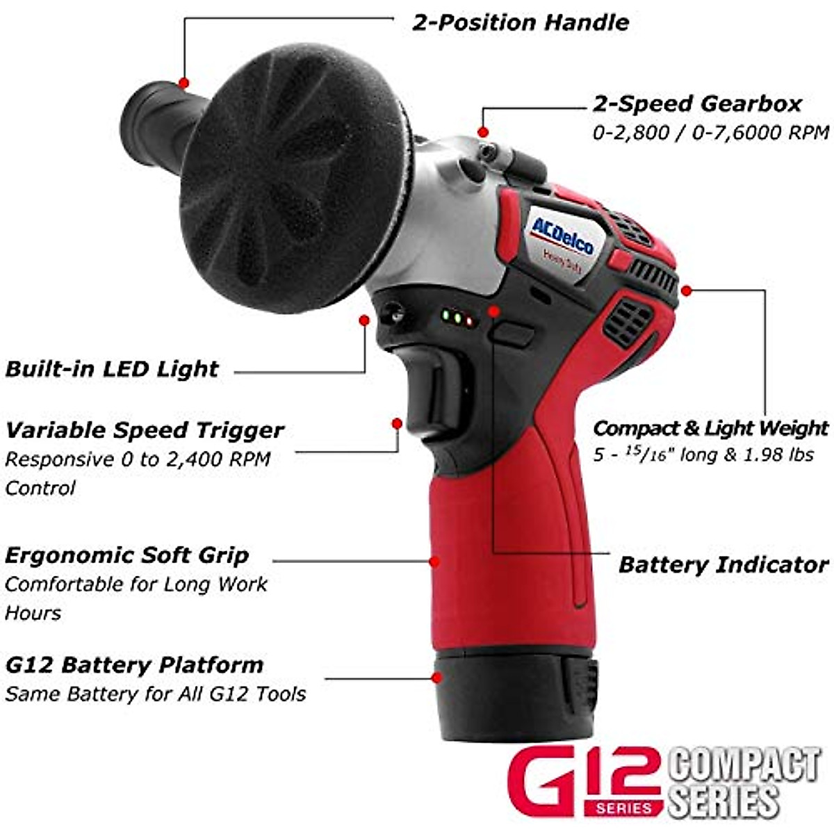 ACDelco G12 Series 3-Tool Combo, 3/8" Brushless Ratchet Wrench & 2-speed Polisher & 3/8" Impact Wrench, 2-battery, ARW1208-K13