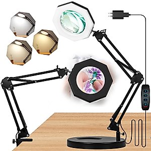 10X Magnifying Glass with Light Hand Free, HITTI 3 Color Stepless Dimmable Magnifying Lamp, 2-in-1 LED Lighted Deak Lamp & Clamp, Magnifier with Light and Stand for Craft Hobby Reading Close Workbench