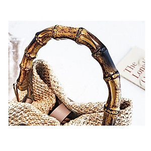 QZUnique Straw Bucket Bags for Women Top Handle Drawstring Woven Handbag Shoulder Bag Summer Beach Purses with Bamboo Handle