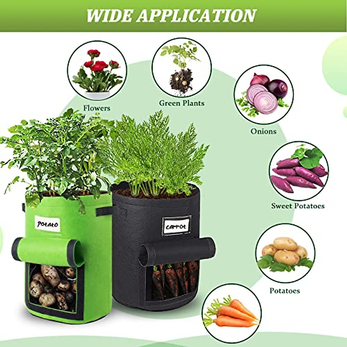 Potato Grow Bags with Flap, 4 Pack 10 Gallon Planter Bags with Harvest Window and Durable Handles, Garden Non-Woven Fabric Grow Bags for Potato Tomato and Vegetables