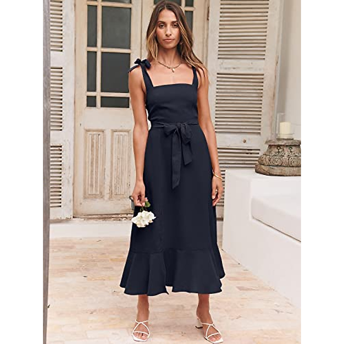 ANRABESS Women's Elegant Bridesmaid Dresses Square Neck Ruffle Split Midi Formal Dress for Wedding Guest Cocktail Party 2023 Gradution Prom Evening Night Dresses 893zanglan-L Navy Blue