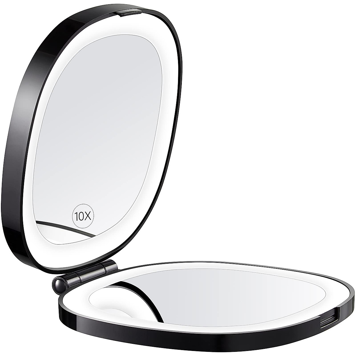 KEDSUM Lighted Travel Makeup Mirror, 1X/10X Magnifying Compact Mirror with Rechargeable LED Lights, Dimmable Double Sided Folding Mirror, Portable, Large, Daylight, USB Charging (Black)