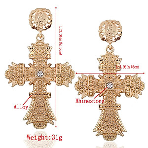 Cross Earrings,Gold Big Baroque Drop Earrings,Rhinestone Large Cross Earrings,Retro Court Earrings for Women Halloween Boho Gifts