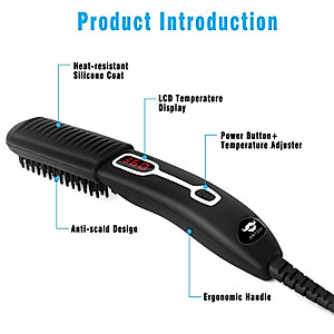 Cayzor Beard Straightener Comb for Men - Upgraded Professional Electric Mens Beard Straightening Heated Brush Portable Anti-Scald 5 Adjustable Temperatures & LCD Display with Carrying Bag