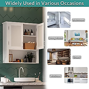 MEETWARM Bathroom Cabinet Wall Mounted with Double Doors, Wood Hanging Cabinet, Medicine Cabinet Storage Organizer with Height Adjustable Shelves Over The Toilet, White