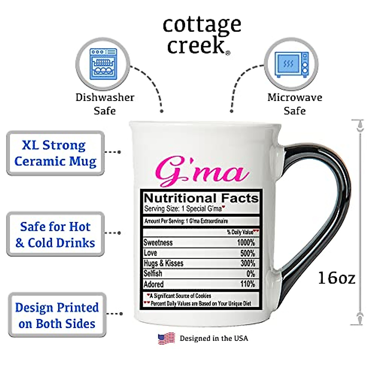 Cottage Creek G-ma Mug, Large 16oz. Ceramic Gma Coffee Mug, G'ma Grandma Gifts