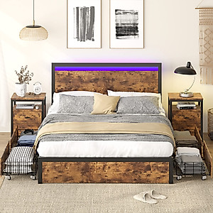 Meitewei Queen Bed Frame with 4 Storage Drawers and 2 Nightstands, Bed Frame with LED Headboard and Charging Station, Metal Platform Bed Frame, No Box Spring Needed, Vintage Brown