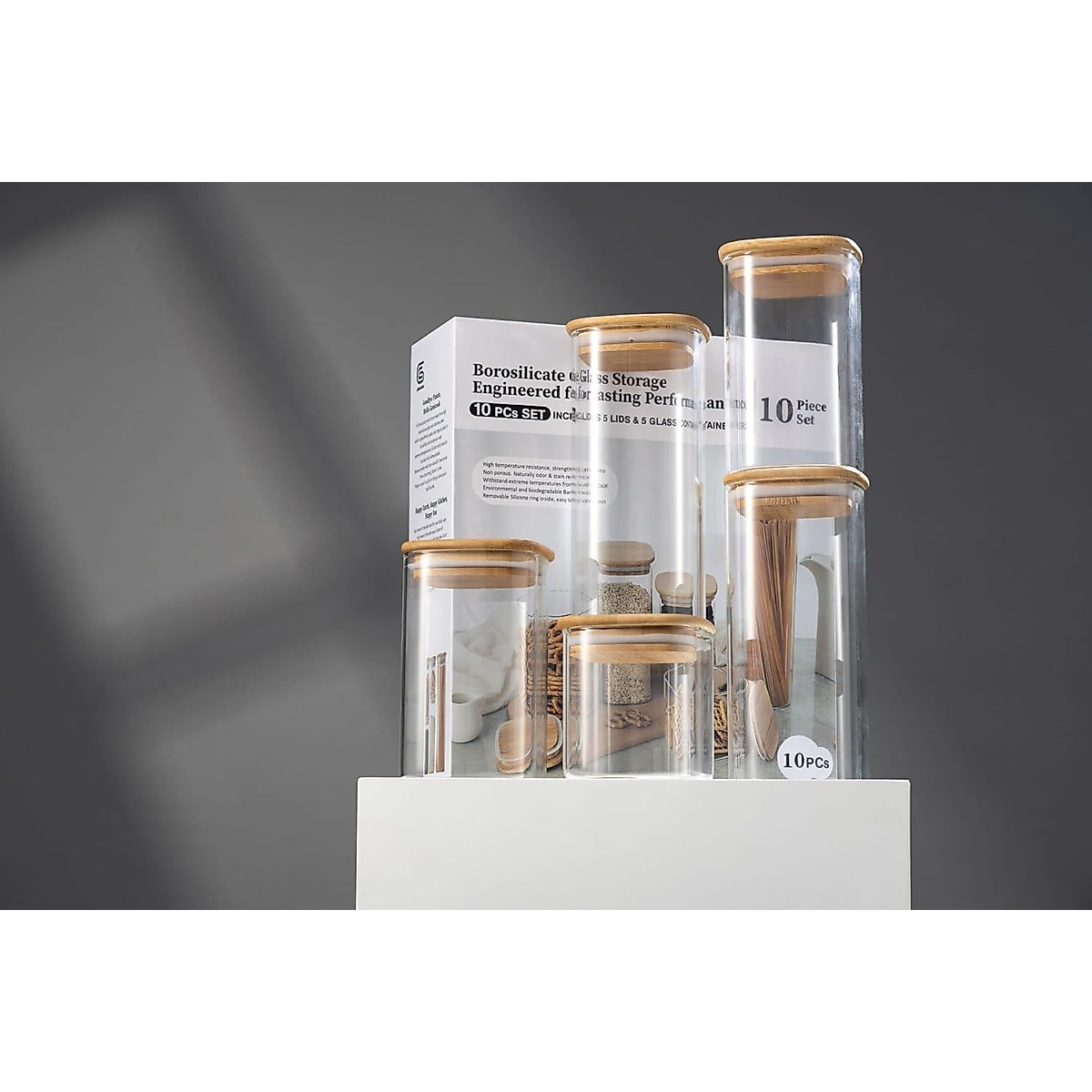 GC GENICOOK Glass Food Storage Jars,Spaghetti Pasta Storage Container,Borosilcate Glass Canister Set with Eco-Friendly Bamboo Lids for Noodles Flour Cereal Coffee Beans - 10 pc set