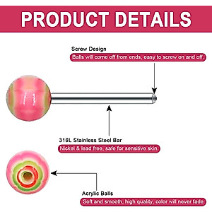 CABBE 100pcs Tongue Rings Surgical Stainless Steel Assorted Candy Pattern Bulk 14G Stright Barbells for Men Women Body Piercing Jewelry