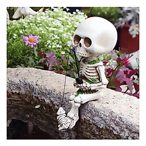Christmas Fishing Skeleton Garden Accessory, Mini Skeleton Figurines Statue Decor for Fishing Enthusiast Gift Pond Fountain Waterfalls Poolside Gothic Home Office Desk Unique Holiday Ornament (1PCS)