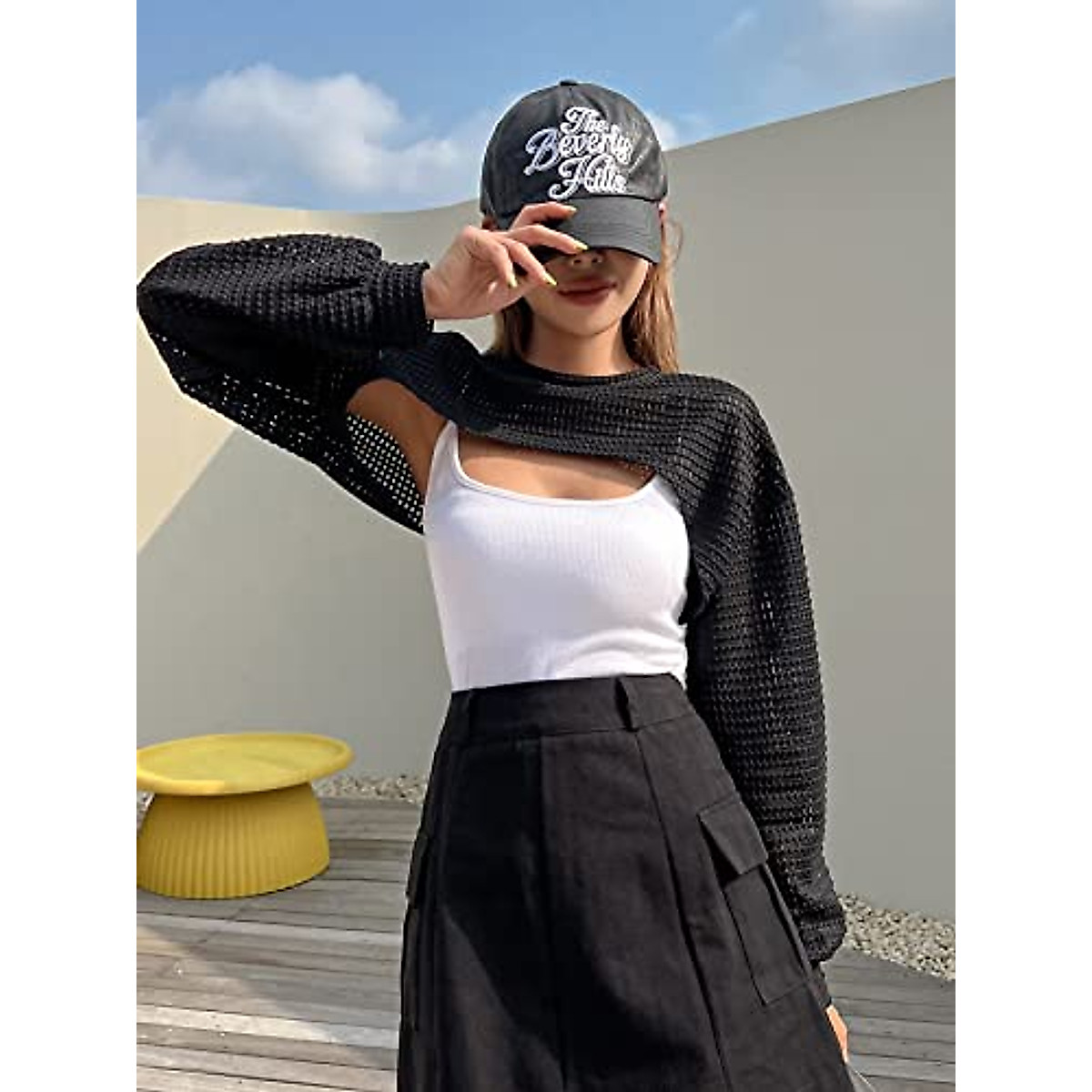 Verdusa Women's Crop Cover Up Long Sleeve Pointelle Knit Hollow Out Crochet See Through Knit Top Black M