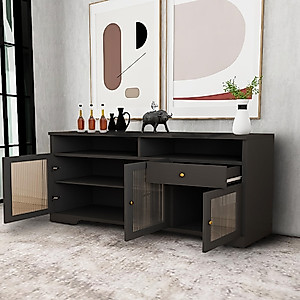 Kitchen Buffet Sideboard, Cabinet Storage Buffet Cabinet with Storage 46” 3 Glass Door and Adjustable Shelves, Modern Sideboard Wood Coffee Bar Cabinet