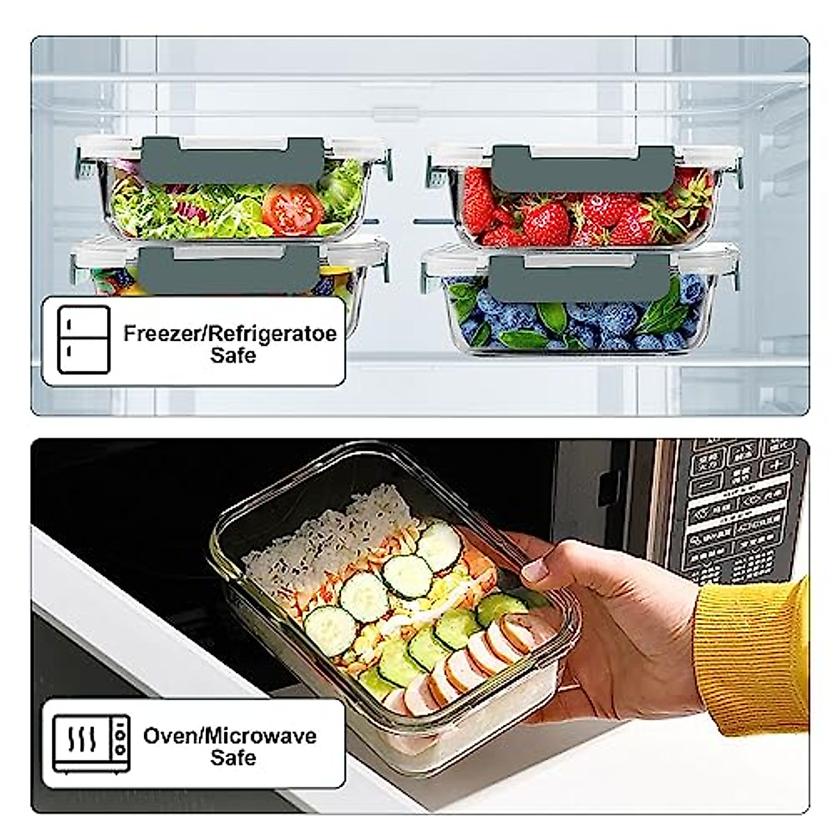 VERONES 10 Pack 22 OZ Glass Meal Prep Containers, Airtight Glass Lunch Containers Set, Glass Food Storage Containers with Lids,BPA-Free, for Microwave, Oven, Freezer & Dishwasher Friendly,Grey