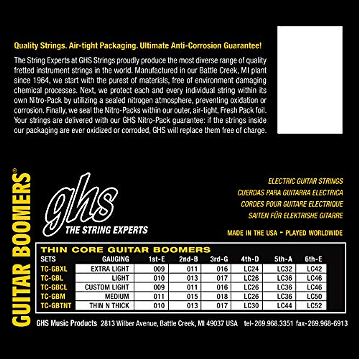GHS Strings TC-GBL Thin Core Boomers, Nickel-Plated Electric Guitar Strings, Light (.010-.046)