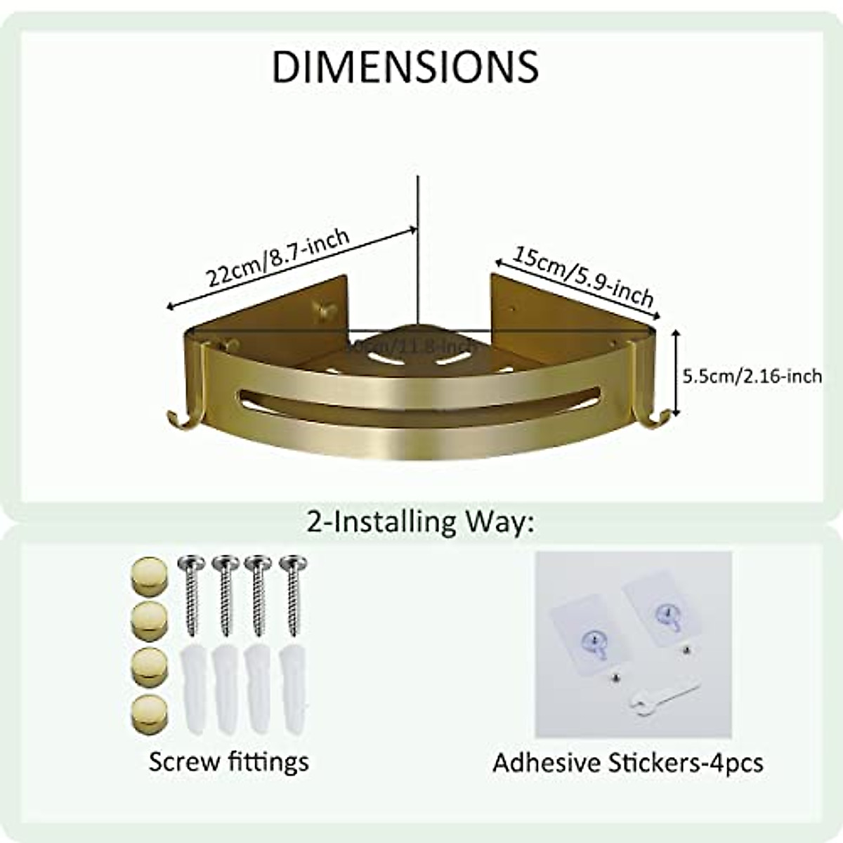 Brushed Gold Color 2 Packed Bathroom Shelves Shower Corner Caddy Organizer Shampoo Holder,Adhesive or Drilling
