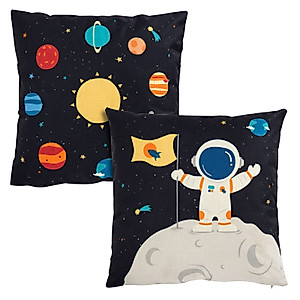 Juvale 4 Pack Spaceship Decorative Kids Throw Pillow Covers, 4 Designs, Astronaut, Rocket Ship, Galaxy Theme (18 x 18 in)