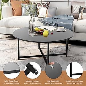 TOYSINTHEBOX Round Coffee Table Modern Coffee Table Sofa Table Tea Table for Living Room, Office Desk, Balcony, Wood Desktop and Metal Legs, Black, 31.5"