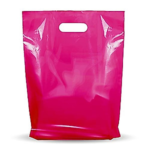 100 Pack 9" x 12" with 1.25 mil Thickness Pink Merchandise Plastic Glossy Retail Bags - Die Cut Handles - Perfect for Shopping, Party Favors, Birthdays, Children Parties - Color Pink - 100% Recyclable