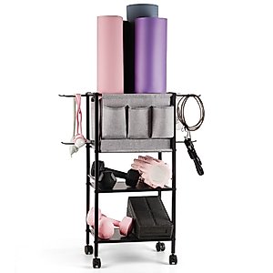Retyion Yoga Mat Storage Rack, Home Gym Storage Rack Yoga Mat Storage Holder Home Exercise Equipment with Hooks and Pockets for Yoga Mat, Foam Roller, Dumbbell, Kettlebell, with Mobile Wheels