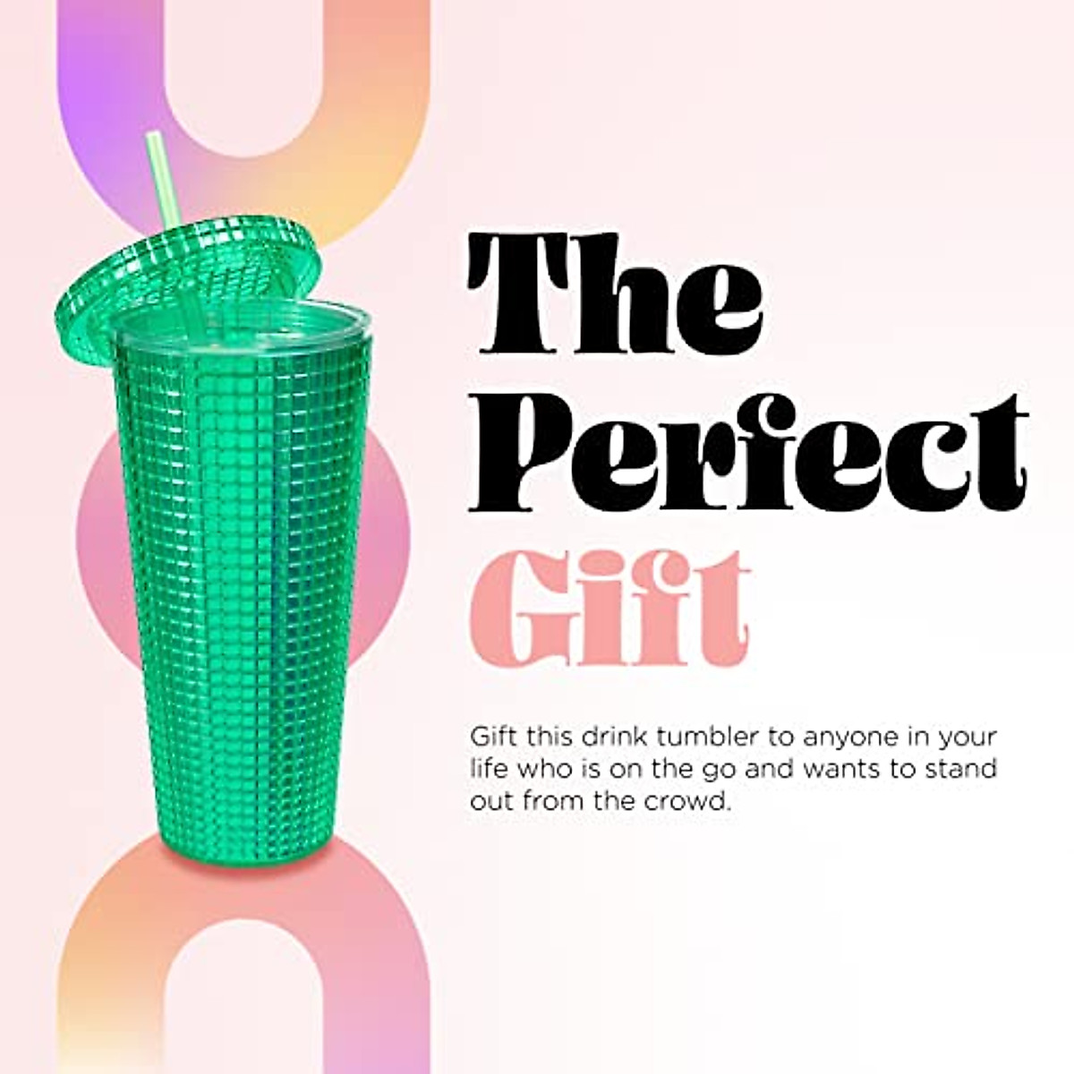 WEST & FIFTH Grid Plastic Cold-Cup Tumbler with Straw, Iridescent Semi-Transparent Square-Textured Cup, BPA-Free Double-Wall Cup for Iced Coffee, Cold Drinks, or Water, 24oz., Mint