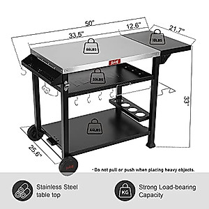 FEASTO Three-Shelf Movable Food Prep Cart Table , Home and Outdoor Multifunctional Stainless Steel Table Top Worktable on Two Wheels, L50’’x W21.7’’x H33’’